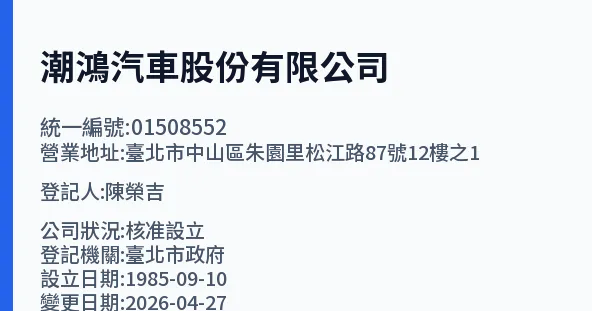潮鴻汽車股份有限公司的照片-統編 01508552(臺北市) 公司登記資料與營業項目詳細圖表