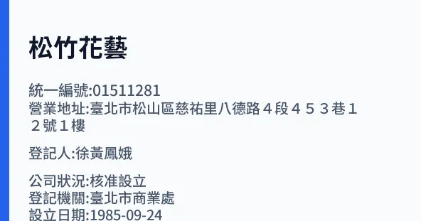 松竹花藝的照片-統編 01511281(臺北市) 公司登記資料與營業項目詳細圖表