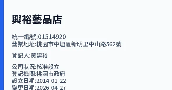 興裕藝品店的照片-統編 01514920(桃園市) 公司登記資料與營業項目詳細圖表