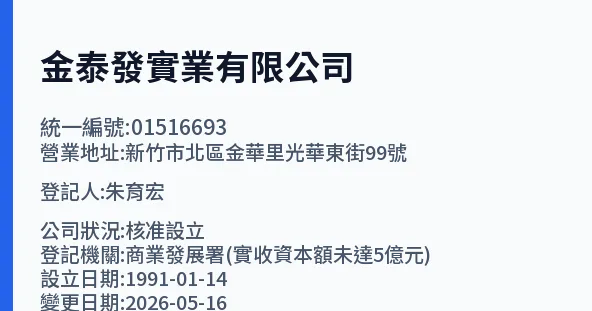 金泰發實業有限公司的照片-統編 01516693(新竹市) 公司登記資料與營業項目詳細圖表