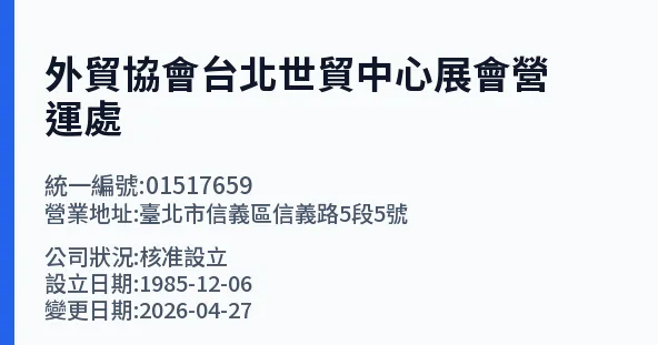 外貿協會台北世貿中心展會營運處的照片-統編 01517659(臺北市) 公司登記資料與營業項目詳細圖表