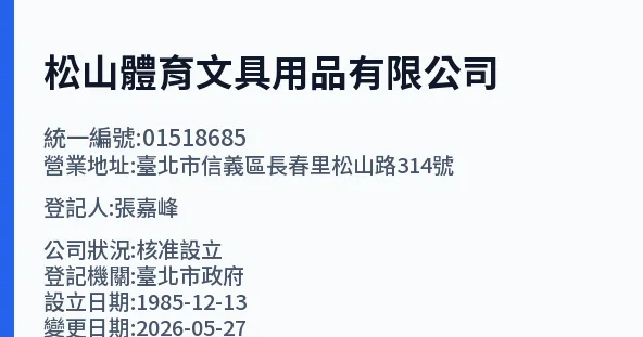 松山體育文具用品有限公司的照片-統編 01518685(臺北市) 公司登記資料與營業項目詳細圖表