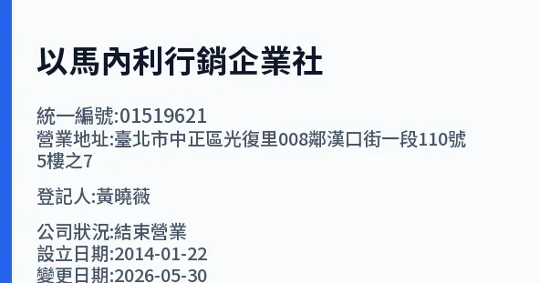 以馬內利行銷企業社的照片-統編 01519621(臺北市) 公司登記資料與營業項目詳細圖表