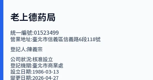 老上德葯局的照片-統編 01523499(臺北市) 公司登記資料與營業項目詳細圖表