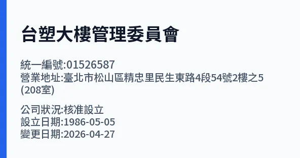 台塑大樓管理委員會的照片-統編 01526587(臺北市) 公司登記資料與營業項目詳細圖表