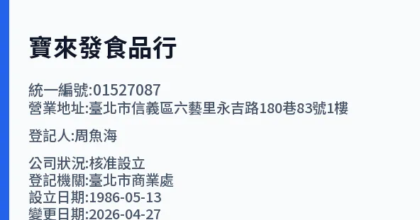 寶來發食品行的照片-統編 01527087(臺北市) 公司登記資料與營業項目詳細圖表