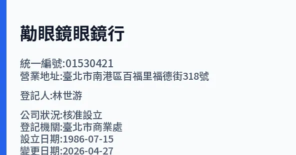 勱眼鏡眼鏡行的照片-統編 01530421(臺北市) 公司登記資料與營業項目詳細圖表