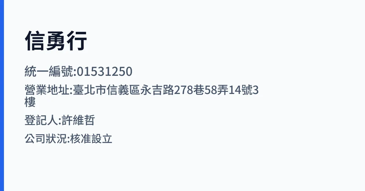 信勇行 - 統編 01531250(臺北市) 公司登記資料與營業項目詳細圖表