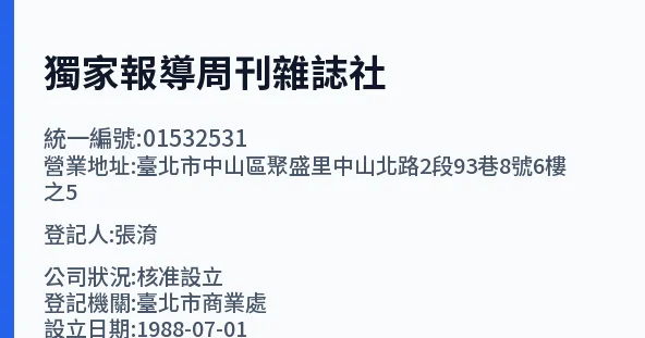 獨家報導周刊雜誌社的照片-統編 01532531(臺北市) 公司登記資料與營業項目詳細圖表