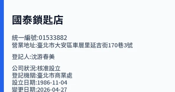 國泰鎖匙店的照片-統編 01533882(臺北市) 公司登記資料與營業項目詳細圖表