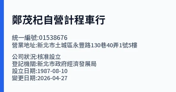鄭茂杞自營計程車行的照片-統編 01538676(新北市) 公司登記資料與營業項目詳細圖表