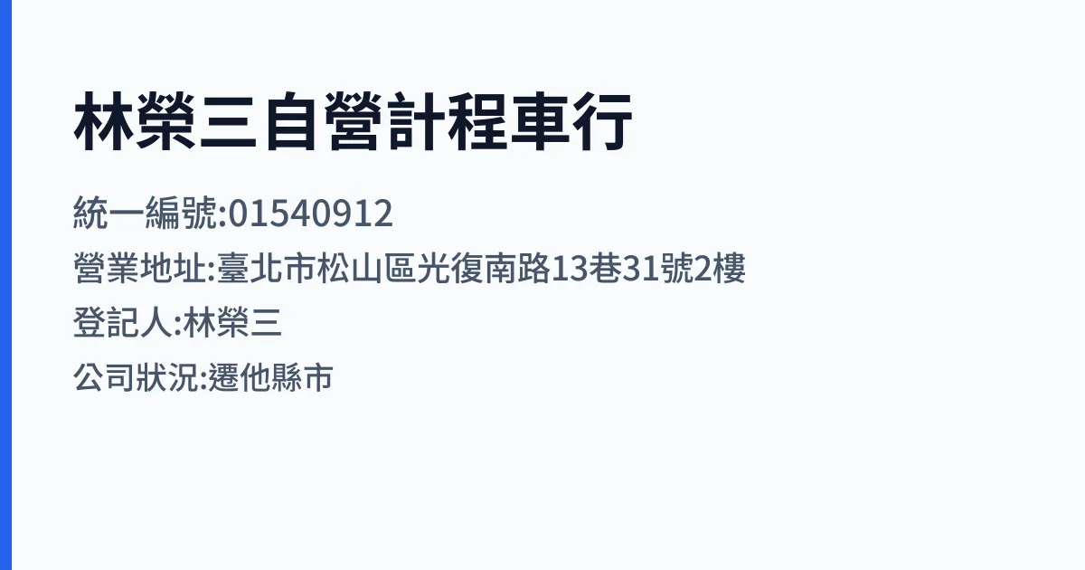 林榮三自營計程車行 - 統編 01540912(新北市) 公司登記資料與營業項目詳細圖表
