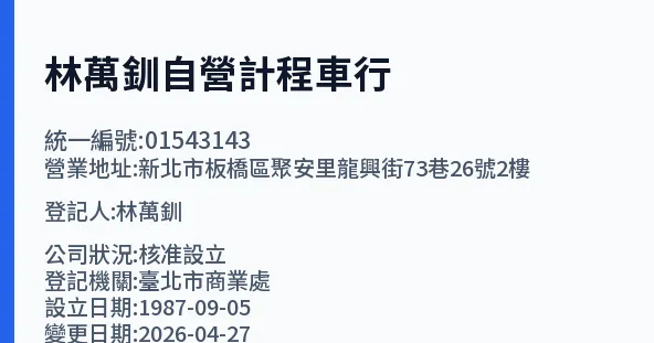 林萬釧自營計程車行的照片-統編 01543143(新北市) 公司登記資料與營業項目詳細圖表