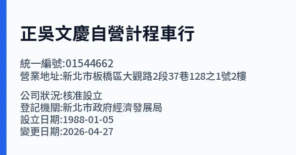 正吳文慶自營計程車行的照片-統編 01544662(新北市) 公司登記資料與營業項目詳細圖表