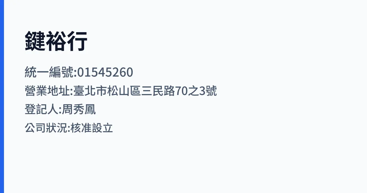 鍵裕行 - 統編 01545260(臺北市) 公司登記資料與營業項目詳細圖表