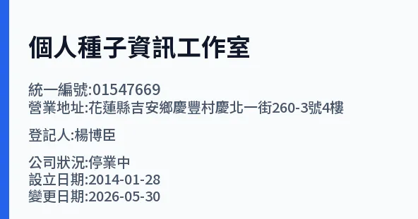 個人種子資訊工作室的照片-統編 01547669(花蓮縣) 公司登記資料與營業項目詳細圖表