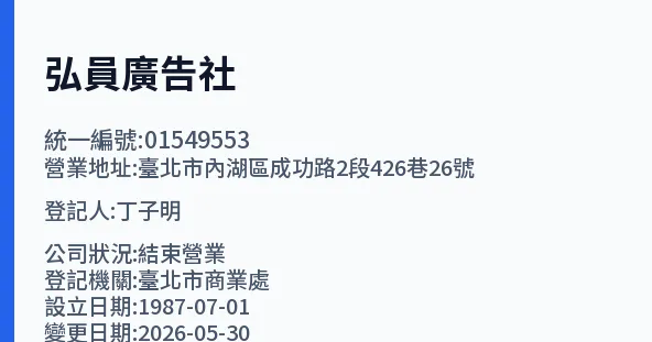 弘員廣告社的照片-統編 01549553(臺北市) 公司登記資料與營業項目詳細圖表