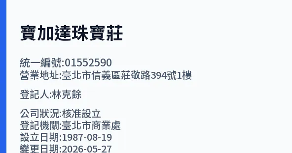 寶加達珠寶莊的照片-統編 01552590(臺北市) 公司登記資料與營業項目詳細圖表