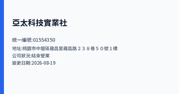亞太科技實業社的照片-統編 01554350(桃園市) 公司登記資料與營業項目詳細圖表