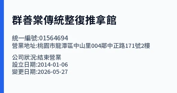 群善棠傳統整復推拿館的照片-統編 01564694(桃園市) 公司登記資料與營業項目詳細圖表