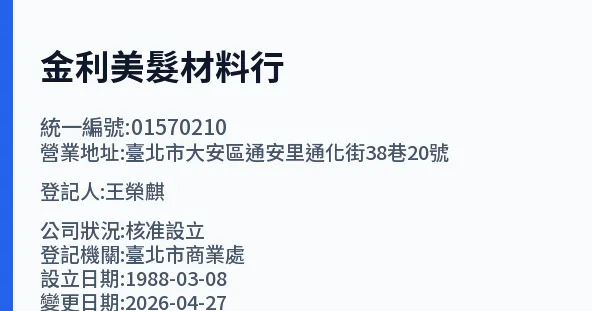 金利美髮材料行的照片-統編 01570210(臺北市) 公司登記資料與營業項目詳細圖表