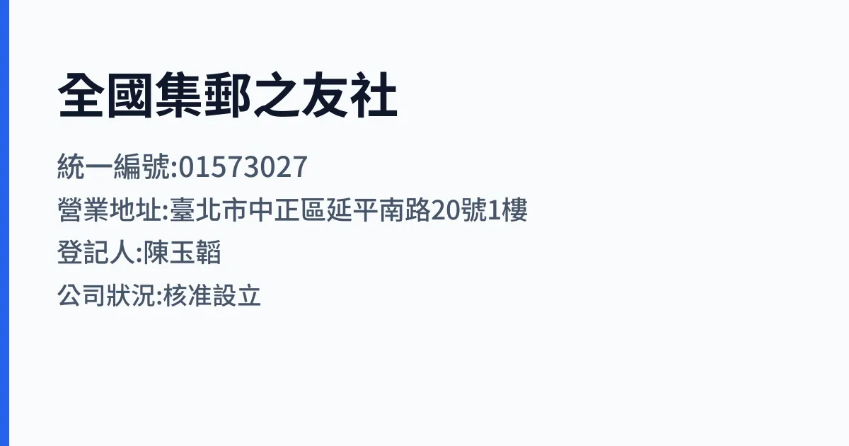 全國集郵之友社 - 統編 01573027(臺北市) 公司登記資料與營業項目詳細圖表