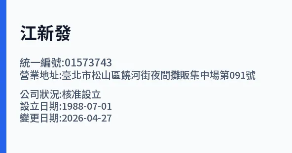 江新發的照片-統編 01573743(臺北市) 公司登記資料與營業項目詳細圖表