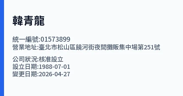 韓青龍的照片-統編 01573899(臺北市) 公司登記資料與營業項目詳細圖表