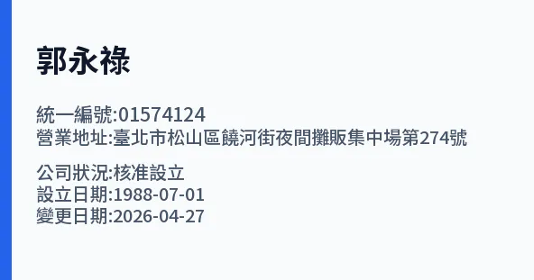 郭永祿的照片-統編 01574124(臺北市) 公司登記資料與營業項目詳細圖表