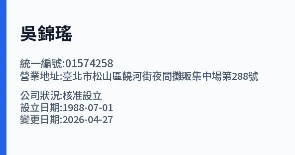 吳錦瑤的照片-統編 01574258(臺北市) 公司登記資料與營業項目詳細圖表