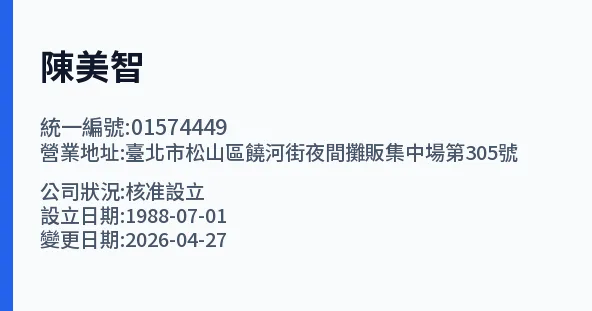 陳美智的照片-統編 01574449(臺北市) 公司登記資料與營業項目詳細圖表