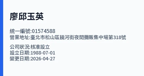 廖邱玉英的照片-統編 01574588(臺北市) 公司登記資料與營業項目詳細圖表