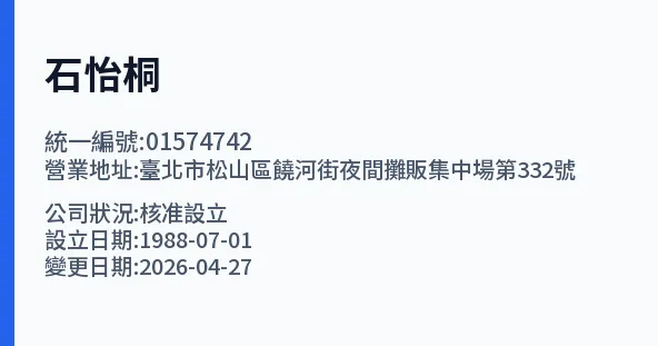 石怡桐的照片-統編 01574742(臺北市) 公司登記資料與營業項目詳細圖表
