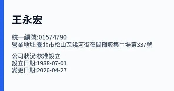 王永宏的照片-統編 01574790(臺北市) 公司登記資料與營業項目詳細圖表
