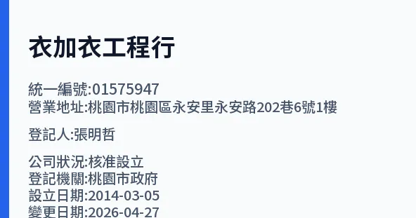 衣加衣工程行的照片-統編 01575947(桃園市) 公司登記資料與營業項目詳細圖表