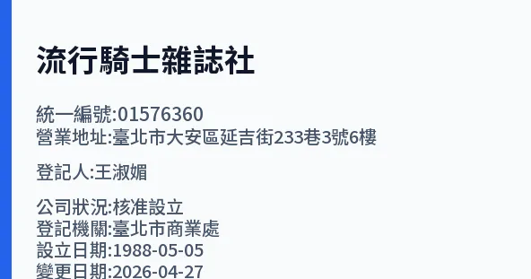 流行騎士雜誌社的照片-統編 01576360(臺北市) 公司登記資料與營業項目詳細圖表