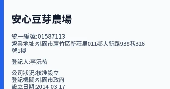安心豆芽農場的照片-統編 01587113(桃園市) 公司登記資料與營業項目詳細圖表