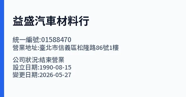 益盛汽車材料行的照片-統編 01588470(臺北市) 公司登記資料與營業項目詳細圖表