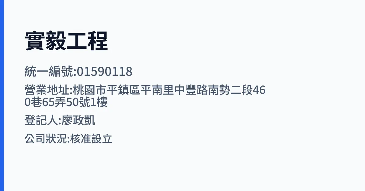 實毅工程 - 統編 01590118(桃園市) 公司登記資料與營業項目詳細圖表