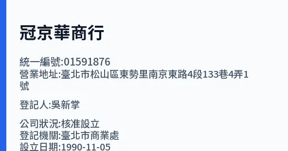 冠京華商行的照片-統編 01591876(臺北市) 公司登記資料與營業項目詳細圖表