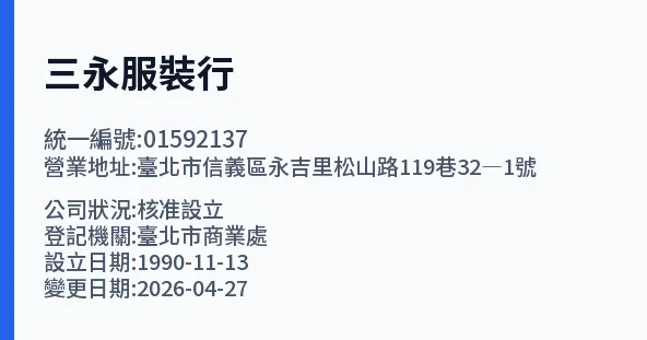 三永服裝行的照片-統編 01592137(臺北市) 公司登記資料與營業項目詳細圖表
