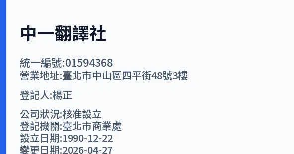 中一翻譯社的照片-統編 01594368(臺北市) 公司登記資料與營業項目詳細圖表