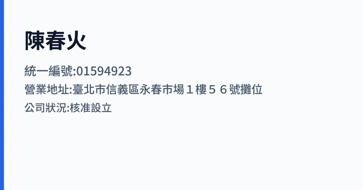 陳春火 - 統編 01594923(臺北市) 公司登記資料與營業項目詳細圖表