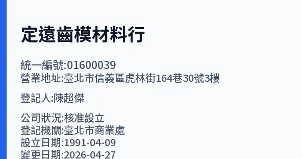 定遠齒模材料行的照片-統編 01600039(臺北市) 公司登記資料與營業項目詳細圖表