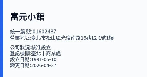 富元小館的照片-統編 01602487(臺北市) 公司登記資料與營業項目詳細圖表