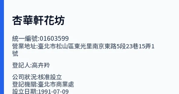 杏華軒花坊的照片-統編 01603599(臺北市) 公司登記資料與營業項目詳細圖表