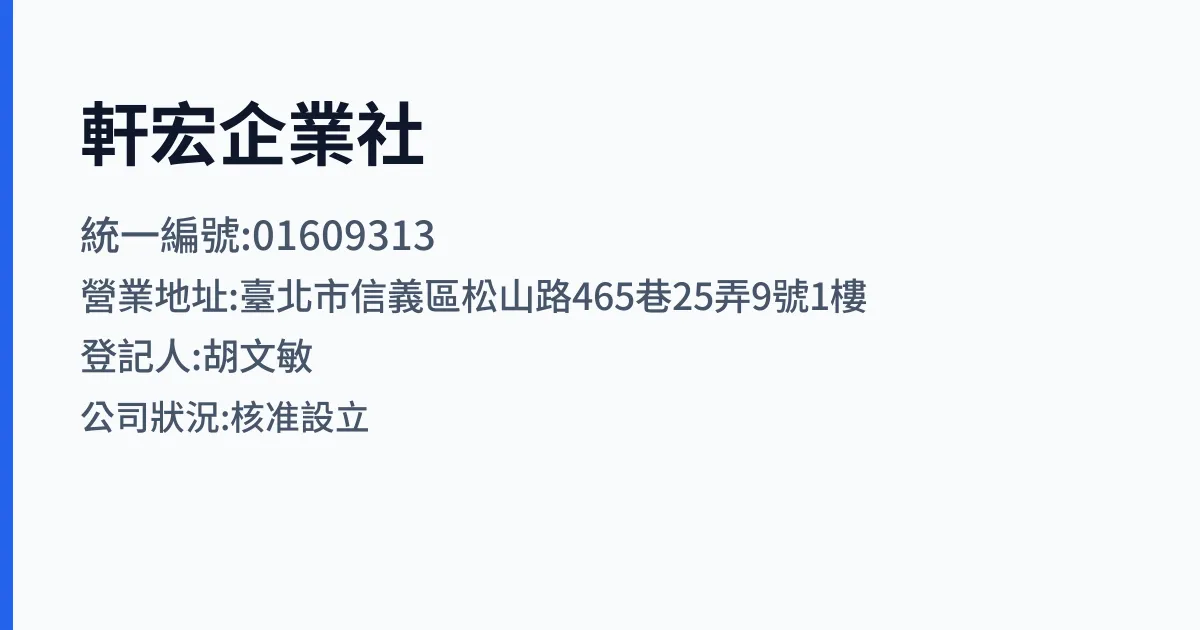 軒宏企業社 - 統編 01609313(臺北市) 公司登記資料與營業項目詳細圖表