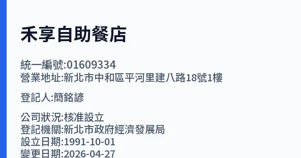 禾享自助餐店的照片-統編 01609334(新北市) 公司登記資料與營業項目詳細圖表