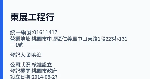東展工程行的照片-統編 01611417(桃園市) 公司登記資料與營業項目詳細圖表