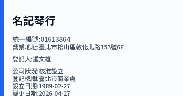 名記琴行的照片-統編 01613864(臺北市) 公司登記資料與營業項目詳細圖表